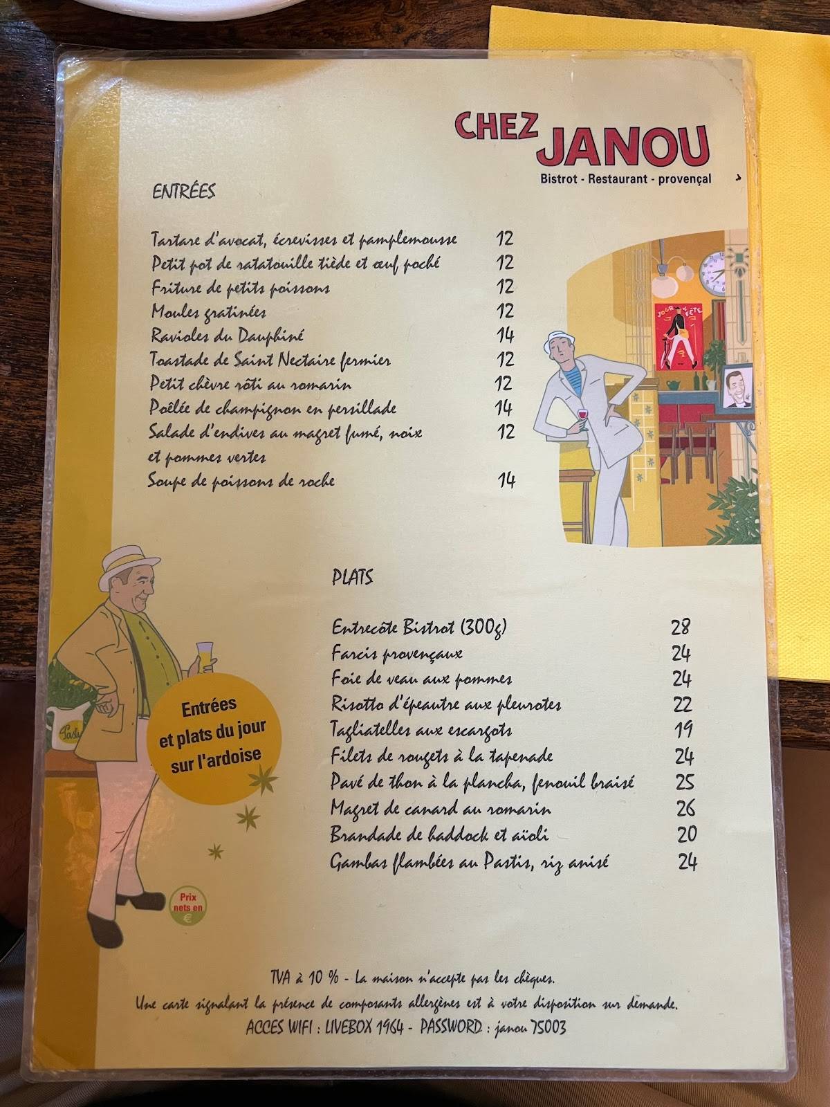 Menu at Chez Janou restaurant, Paris, 2 Rue Roger Verlomme