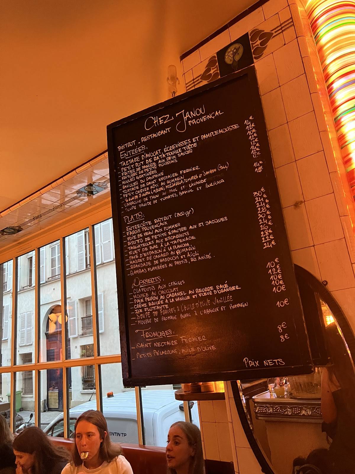 Menu at Chez Janou restaurant, Paris, 2 Rue Roger Verlomme