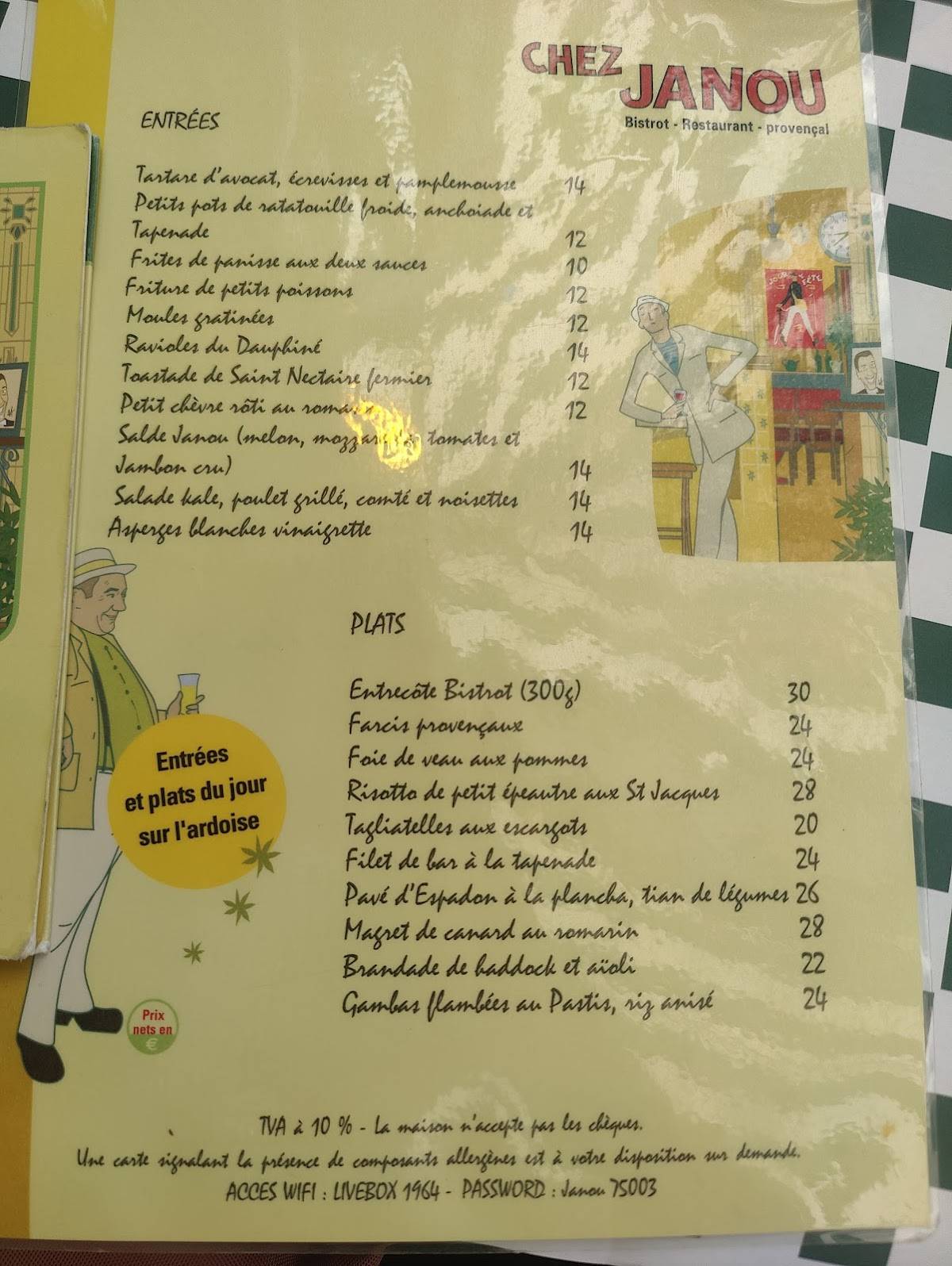 Menu at Chez Janou restaurant, Paris, 2 Rue Roger Verlomme