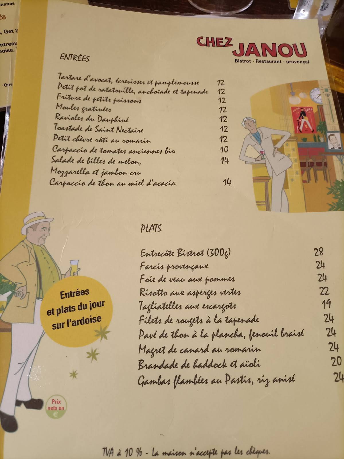 Menu at Chez Janou restaurant, Paris, 2 Rue Roger Verlomme