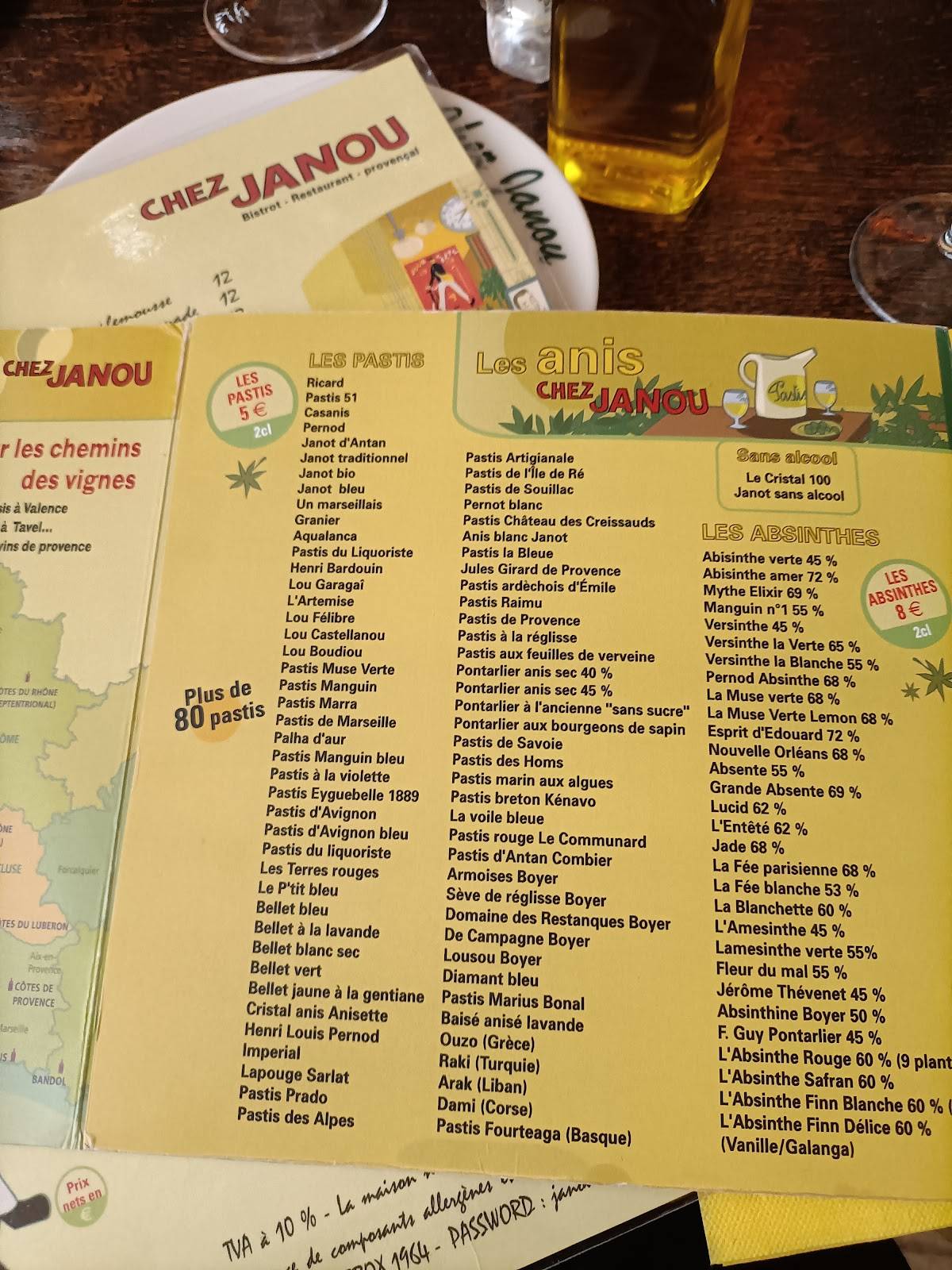 Menu at Chez Janou restaurant, Paris, 2 Rue Roger Verlomme