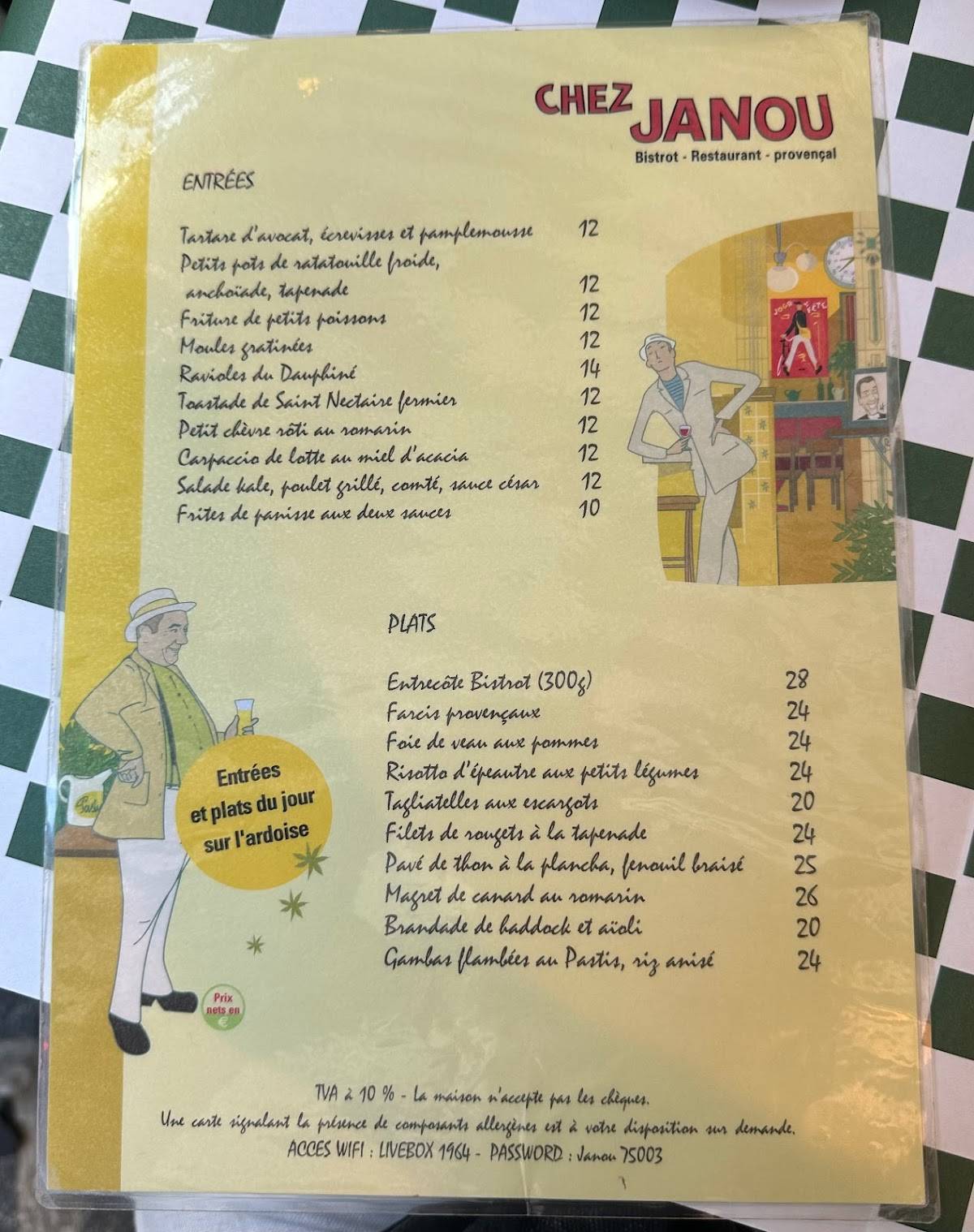 Menu at Chez Janou restaurant, Paris, 2 Rue Roger Verlomme