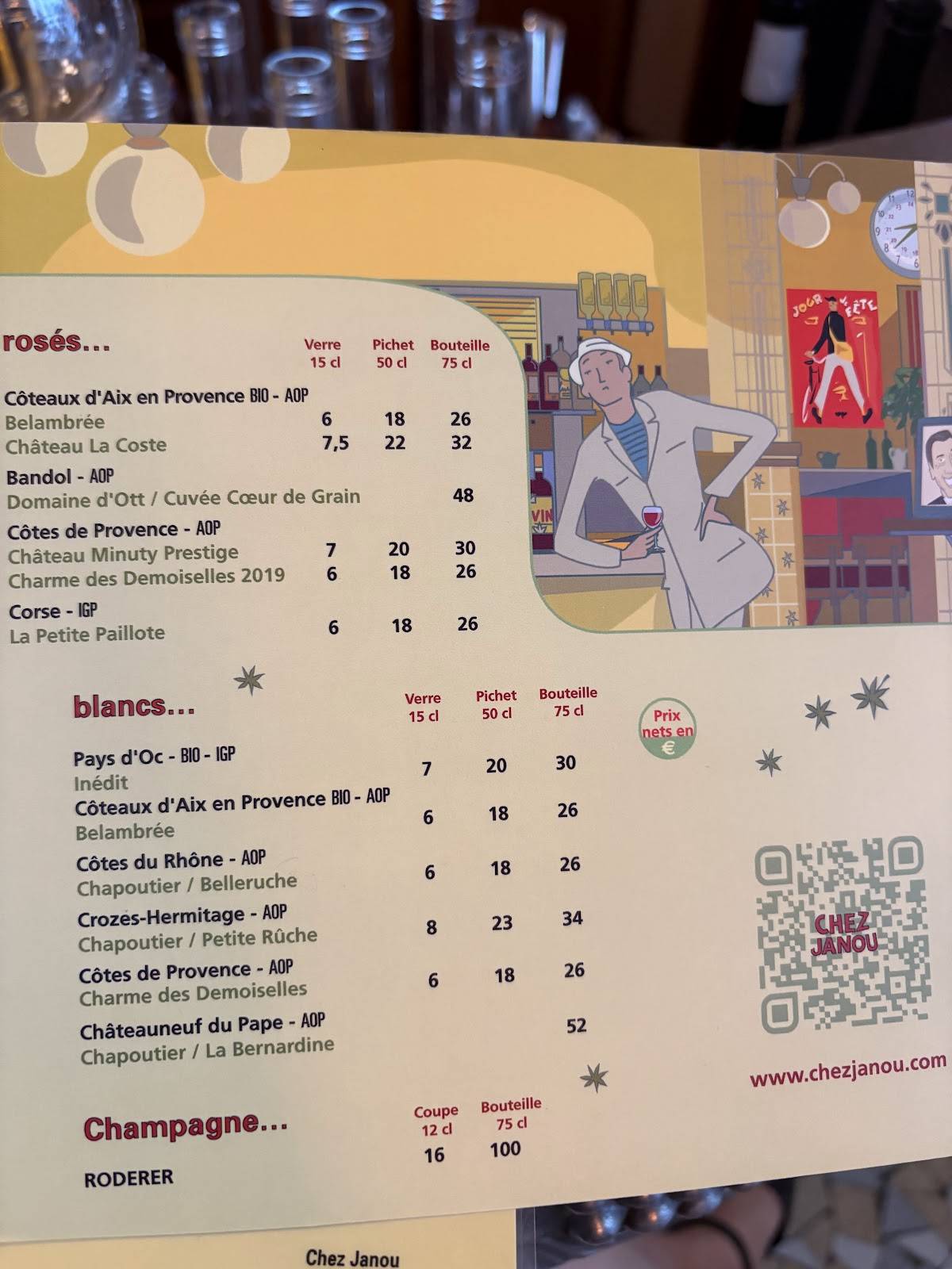 Menu at Chez Janou restaurant, Paris, 2 Rue Roger Verlomme