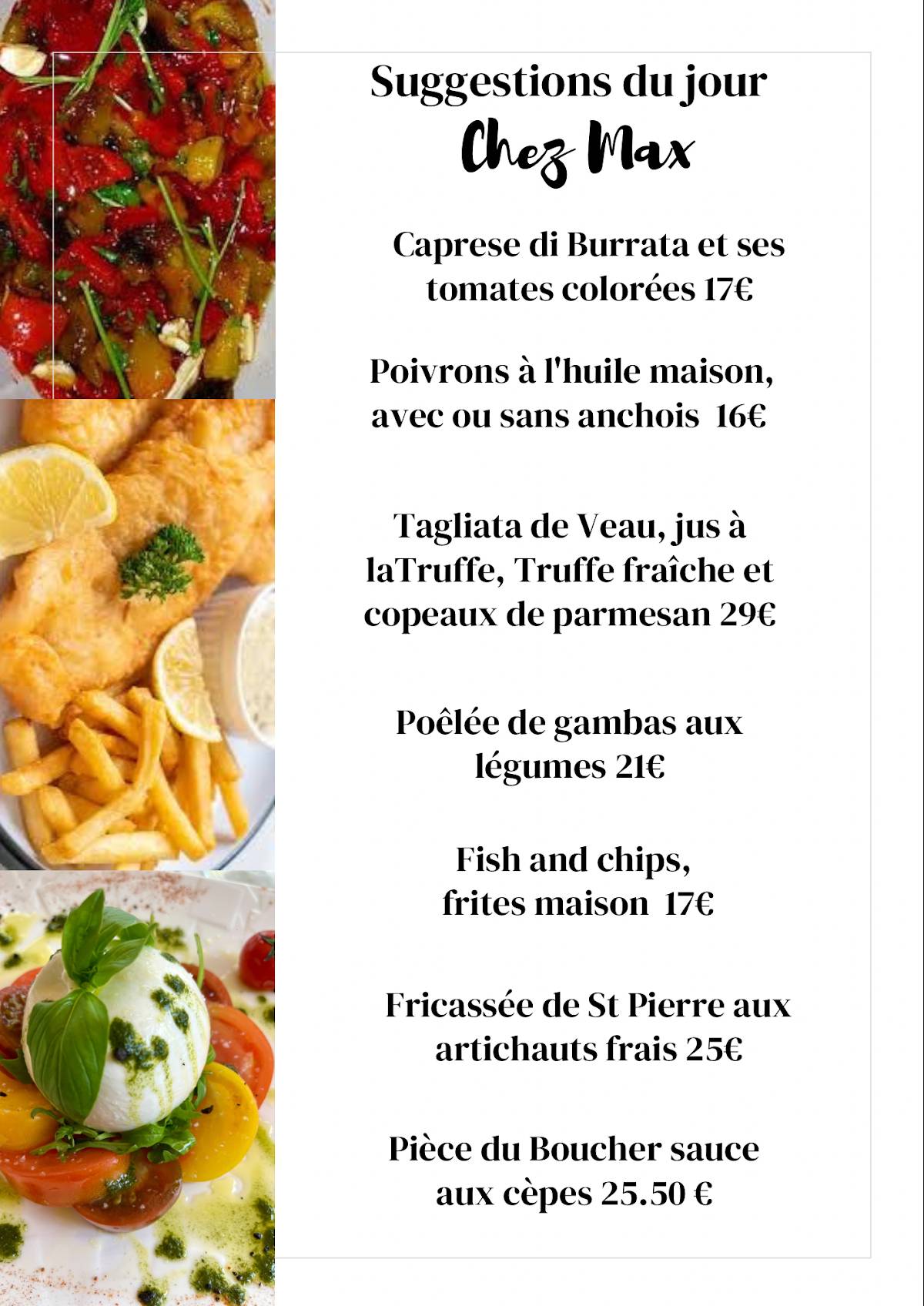 Menu au Chez Max restaurant, Nice