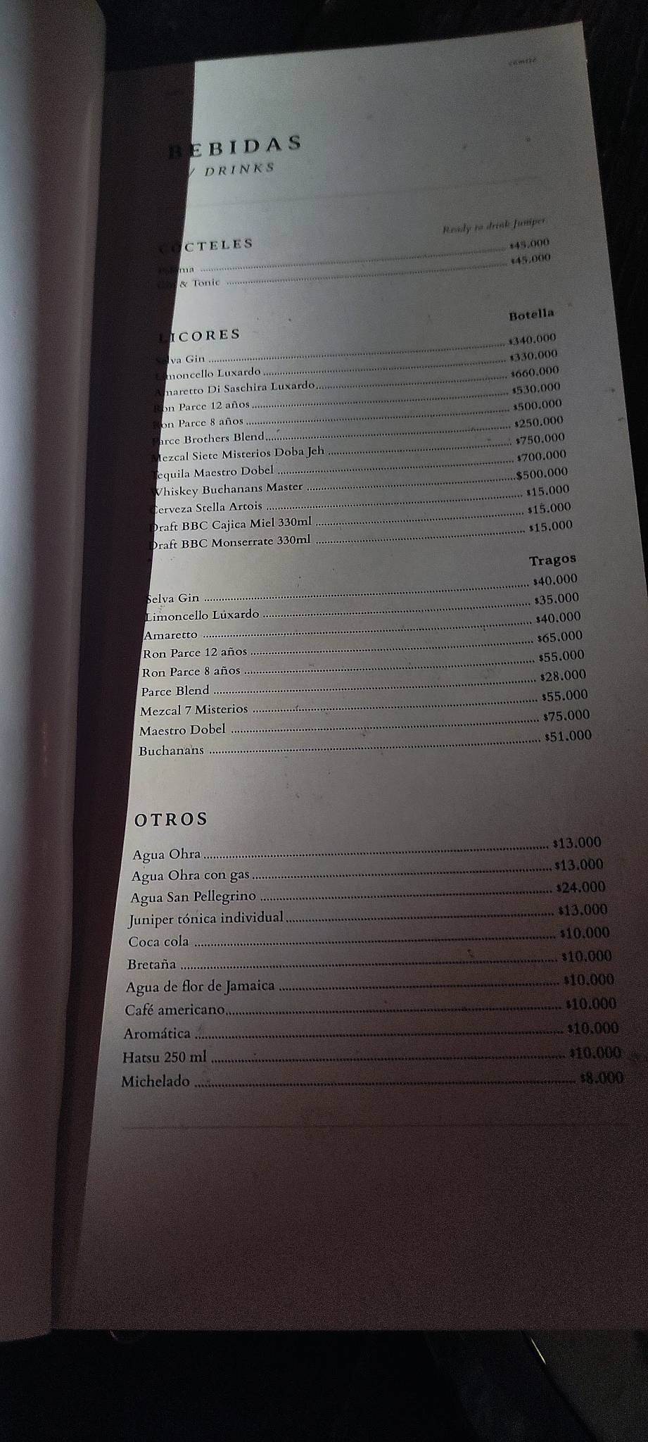 Menu at Chez Migu restaurant, Medellín