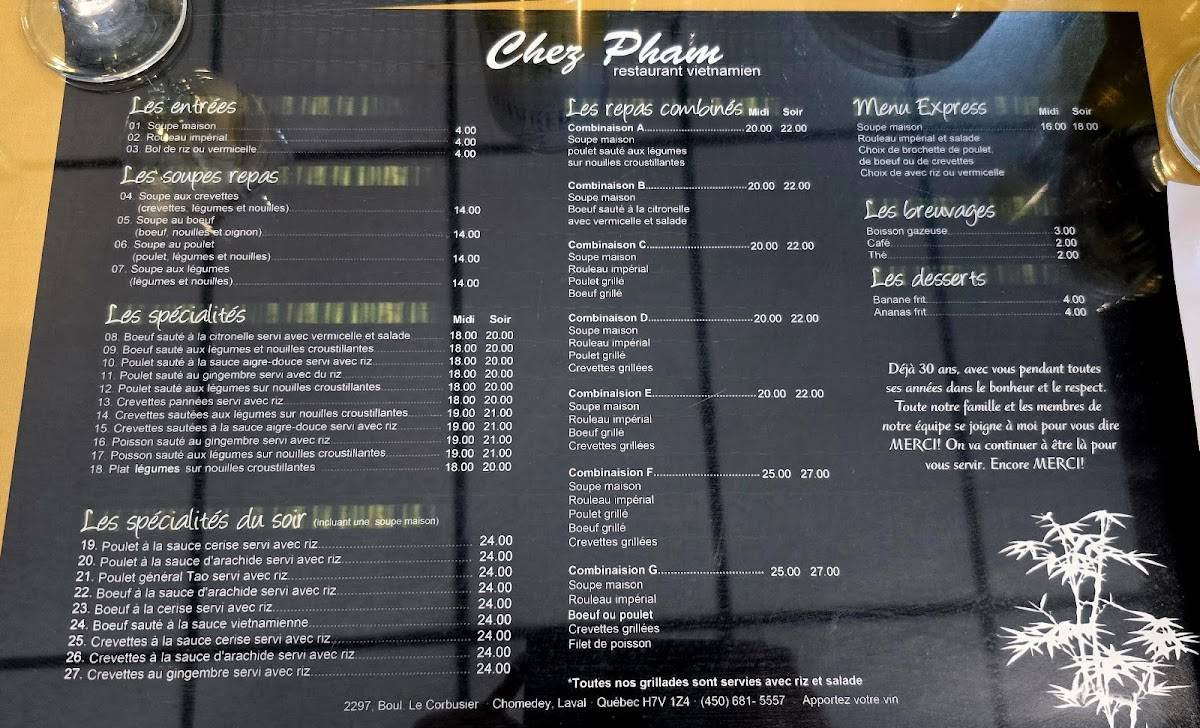 Menu au Chez Pham restaurant, Laval