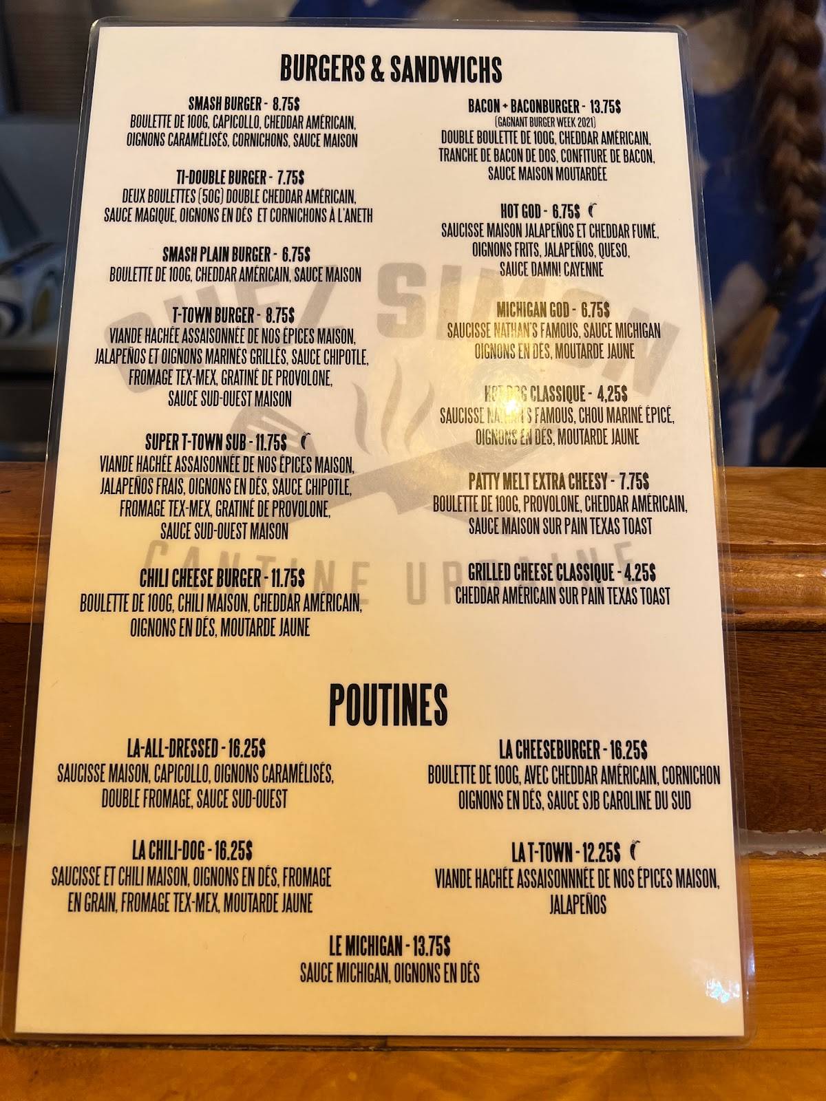 Menu au Chez Simon Cantine Urbaine fast food, Montréal