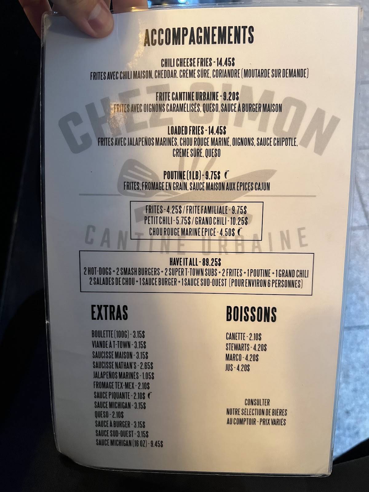 Menu at Chez Simon Cantine Urbaine fast food, Montréal