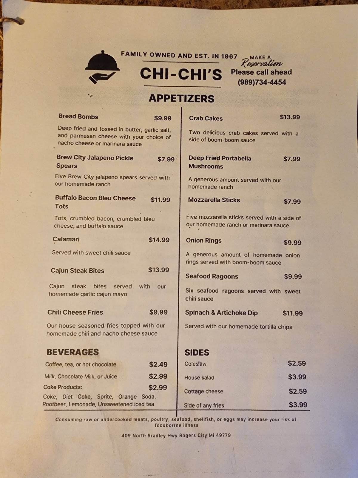Menu at Chi-Chi's Restaurant, Rogers City