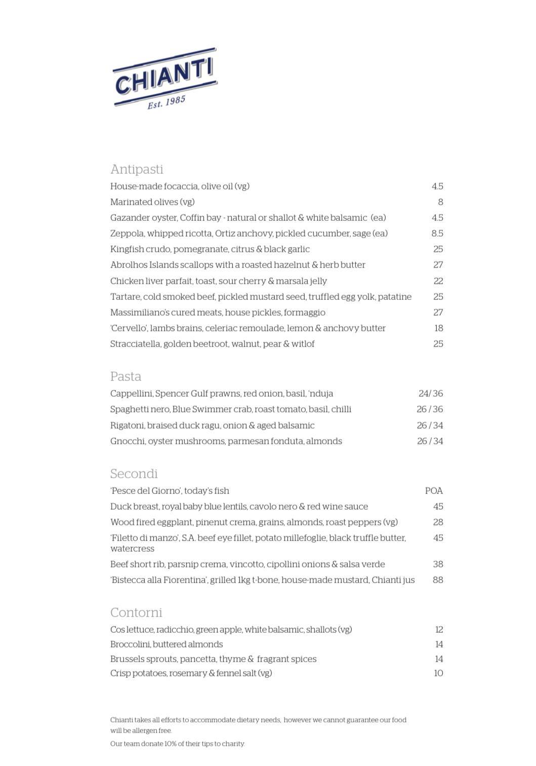 Menu at Chianti restaurant, Adelaide