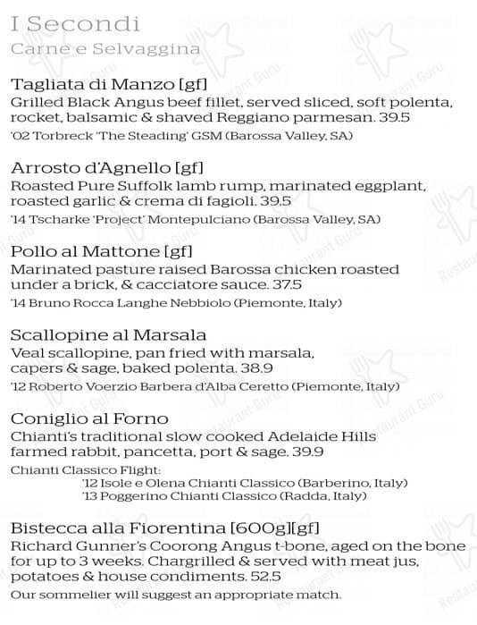 Menu at Chianti restaurant, Adelaide