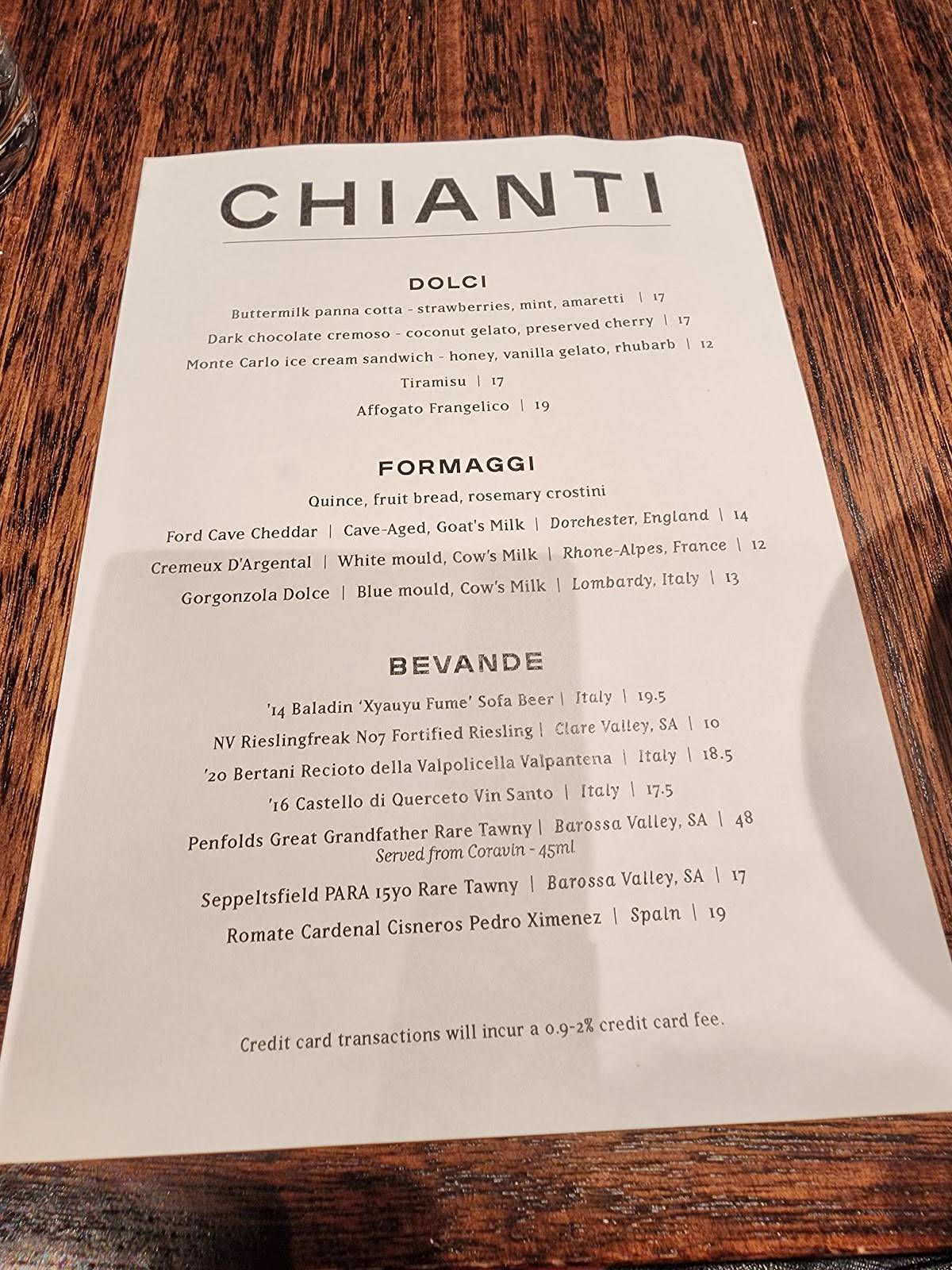 Menu at Chianti restaurant, Adelaide