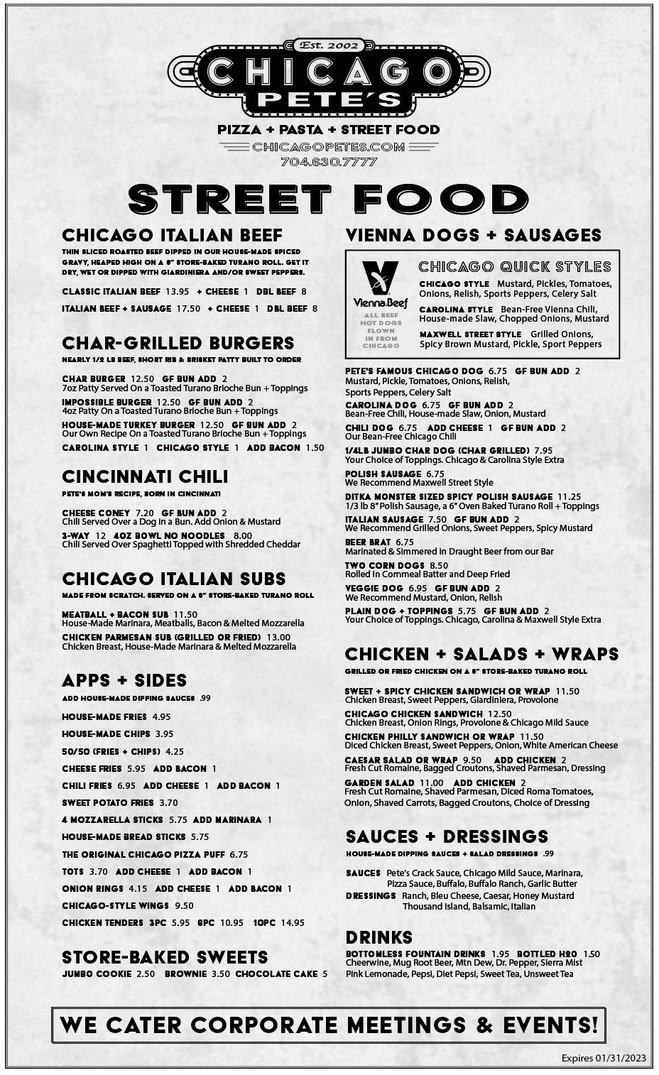 Menu at Chicago Pete's - Charlotte Center City restaurant, Charlotte ...