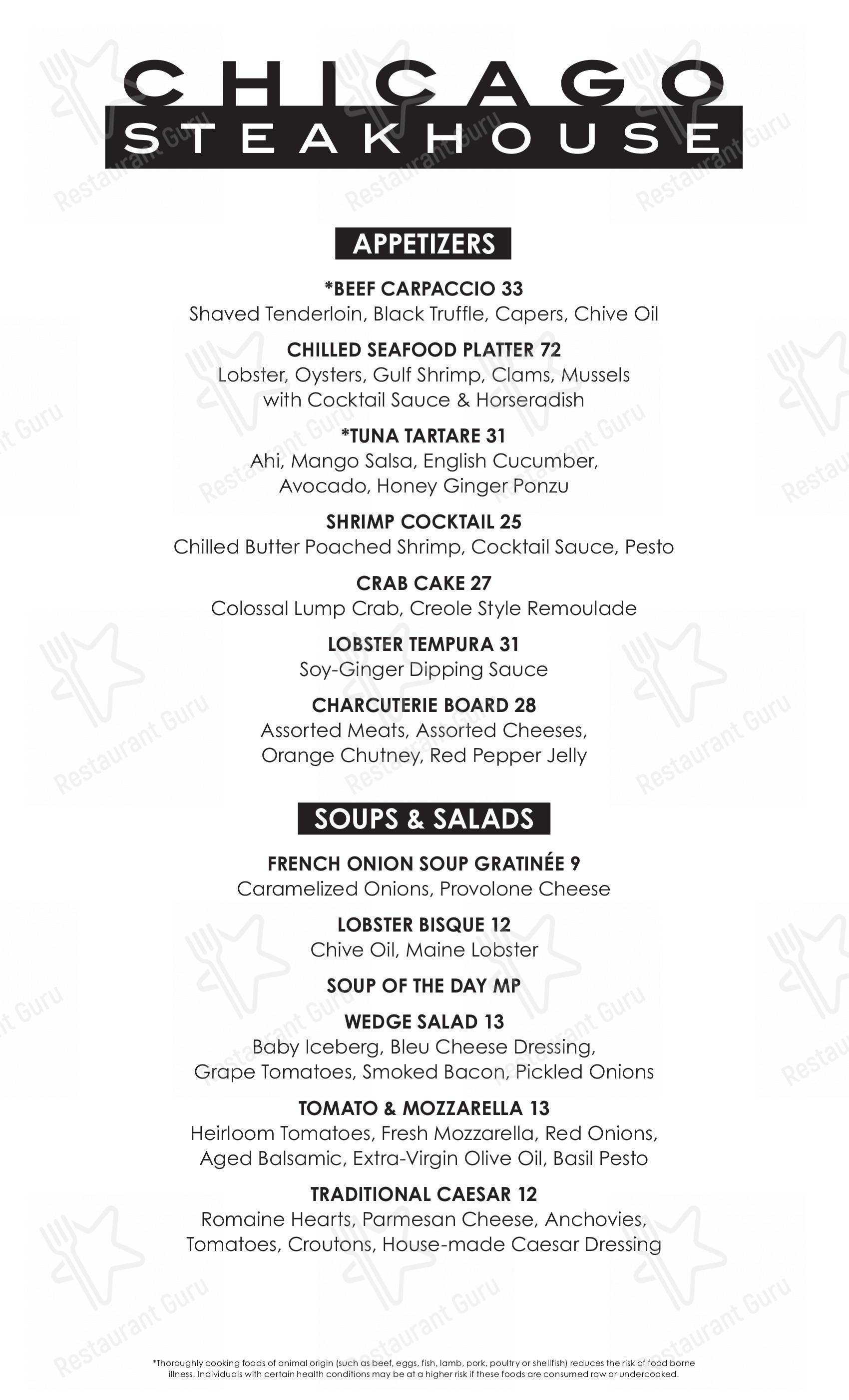 Menu at Chicago Steakhouse, Robinsonville