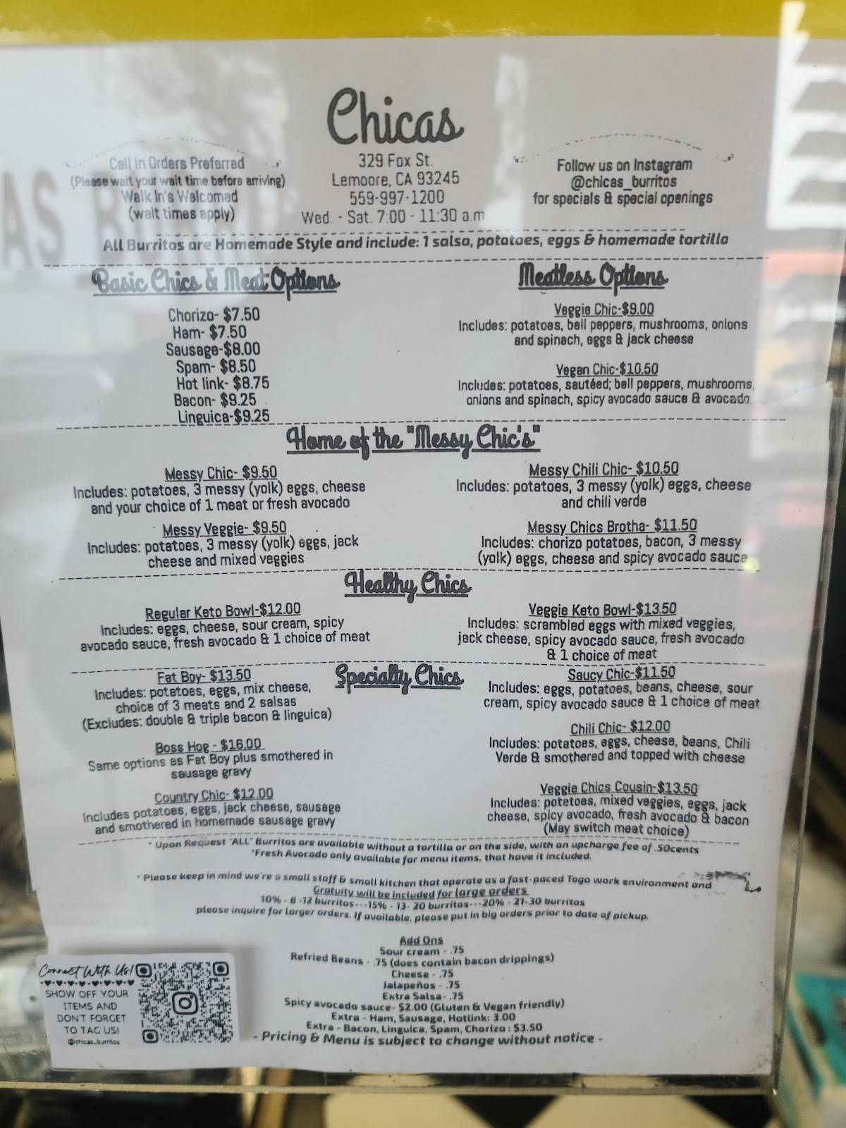 Menu at Chicas restaurant, Lemoore