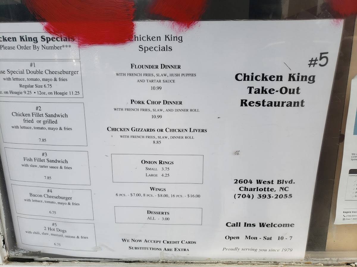 Menu at Chicken King restaurant, Charlotte, West Blvd