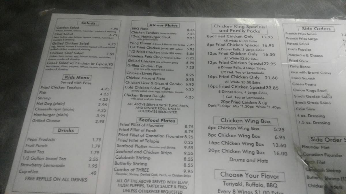 Menu at Chicken King restaurant, Chester, J A Cochran Bypass