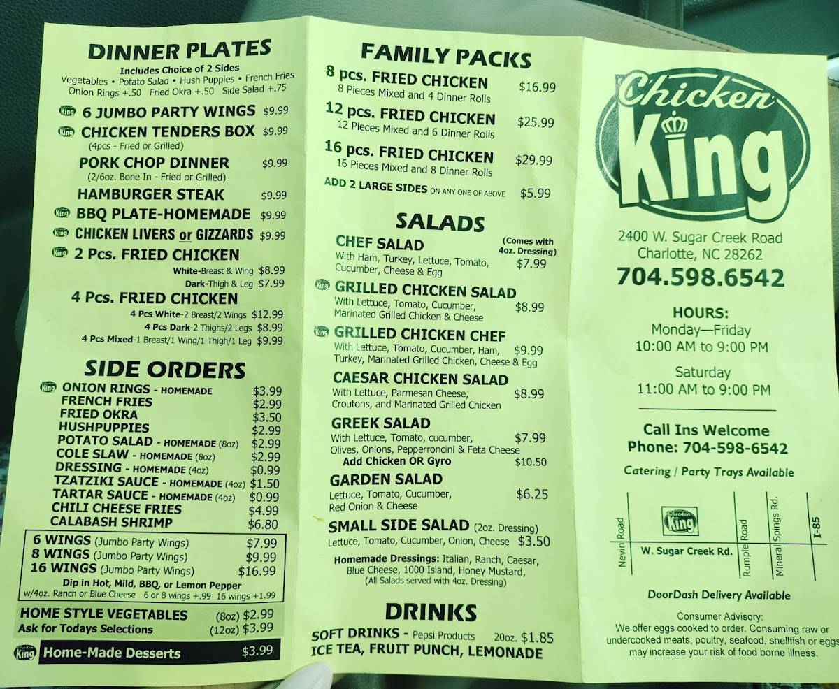 Menu at Chicken King fast food, Charlotte, W Sugar Creek Rd A