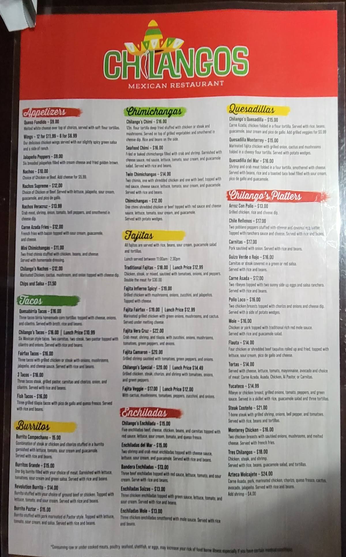 Menu at Chilangos restaurant, Fairfax