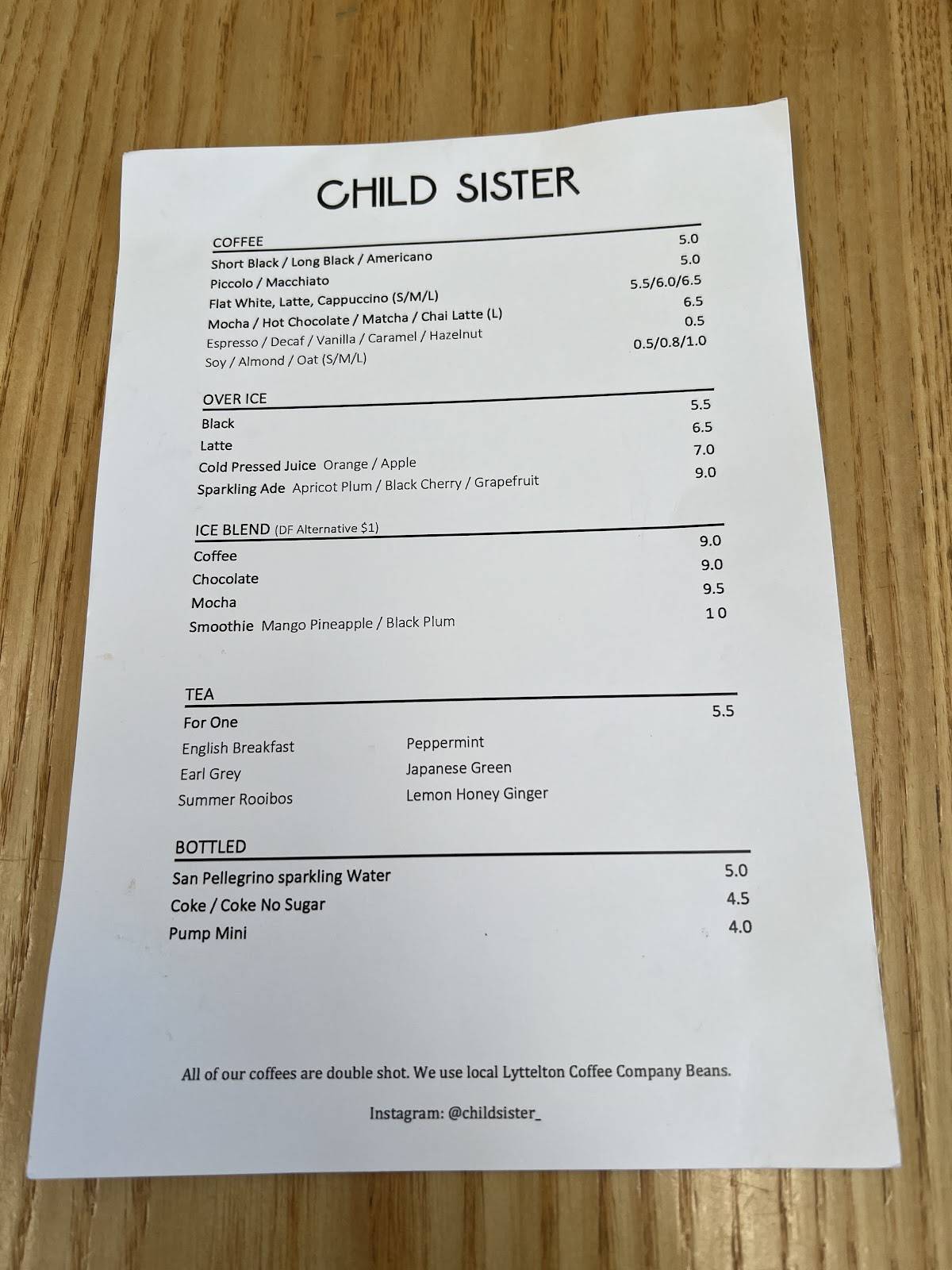 Menu at Child Sister cafe, Christchurch