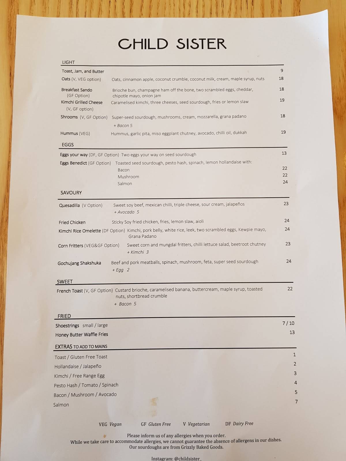 Menu at Child Sister cafe, Christchurch