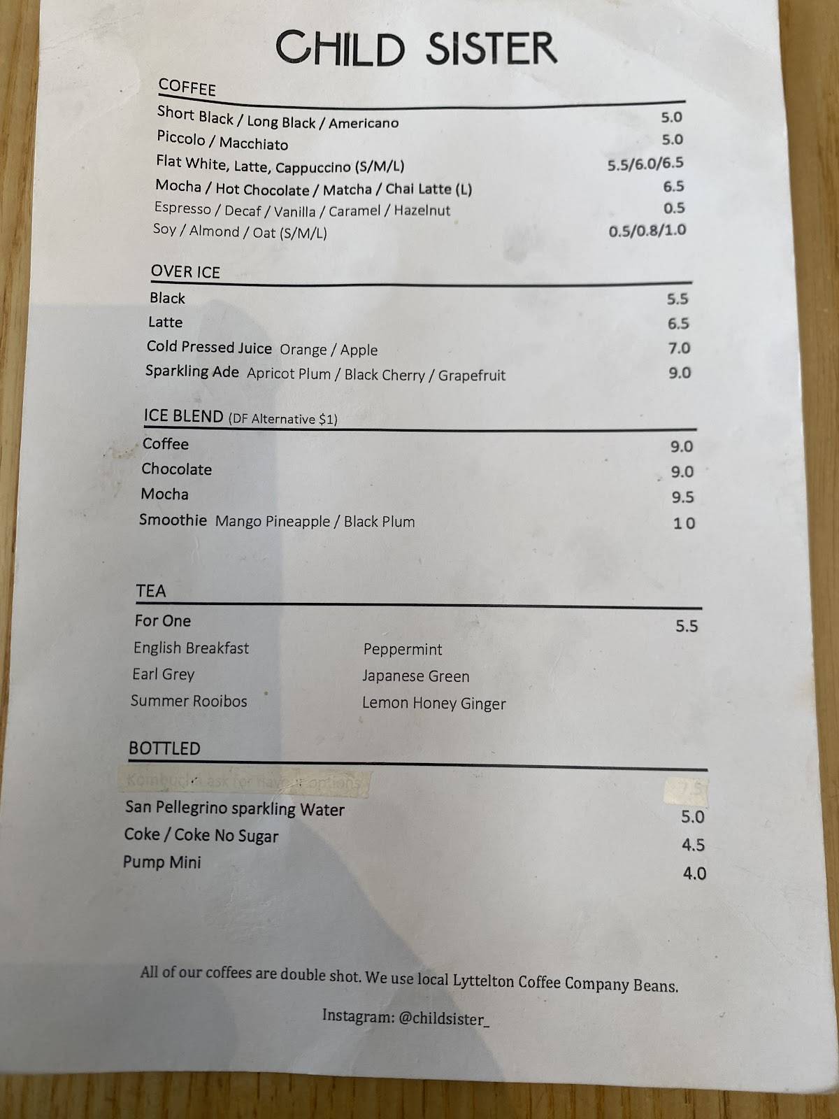 Menu at Child Sister cafe, Christchurch