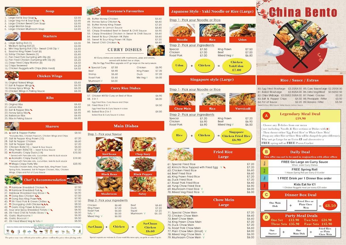 Menu at China Bento restaurant, Smethwick