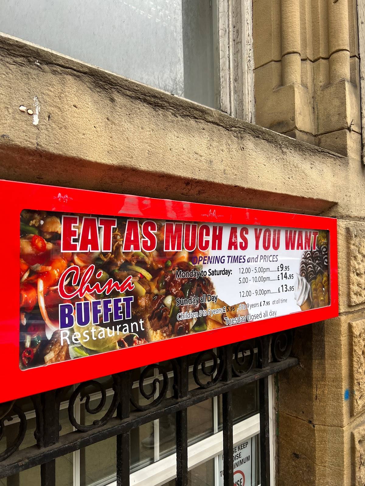 Menu at China Buffet restaurant, Manchester