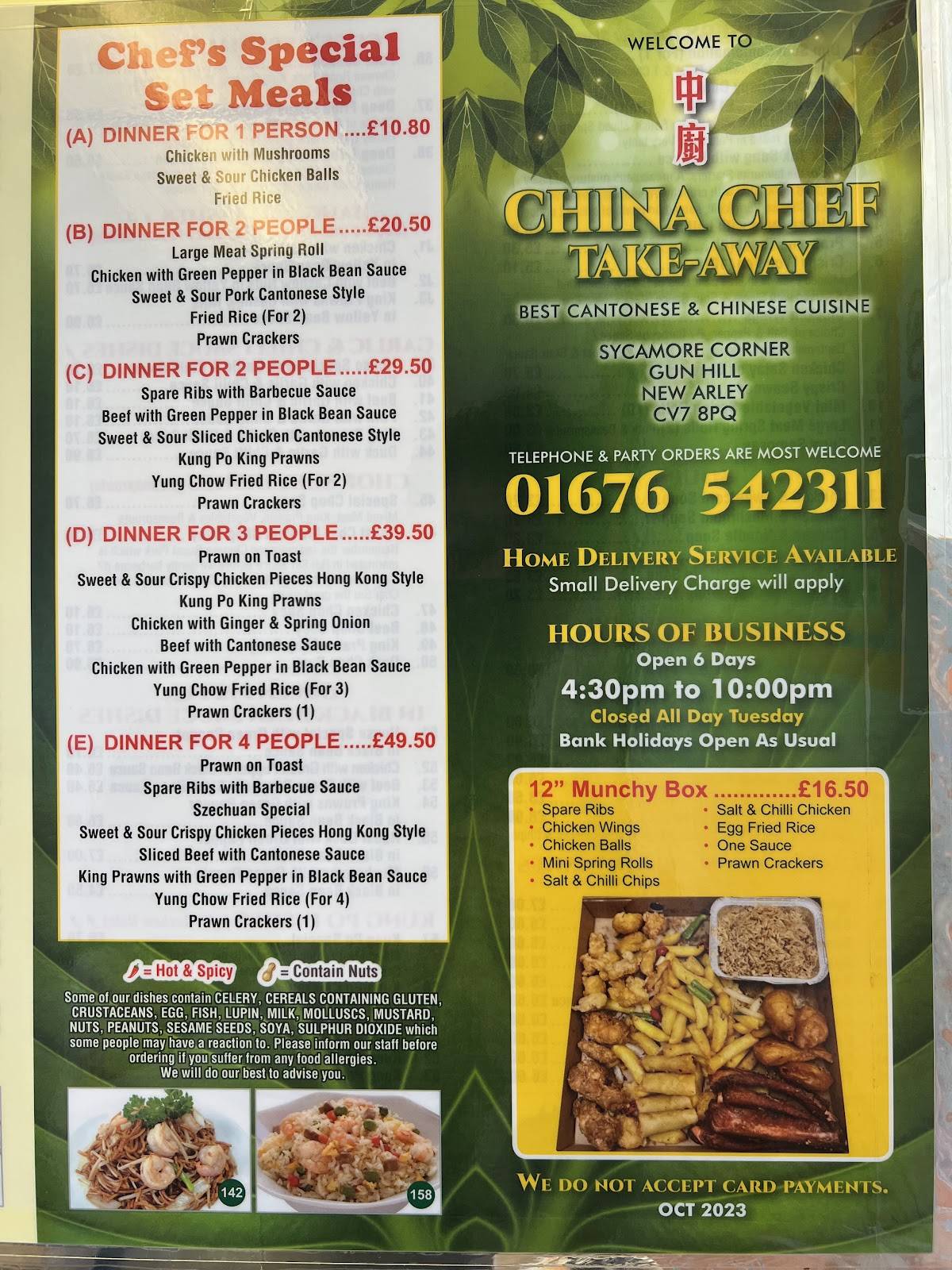 Menu at China Chef fast food, Coventry, Sycamore Corner Arley