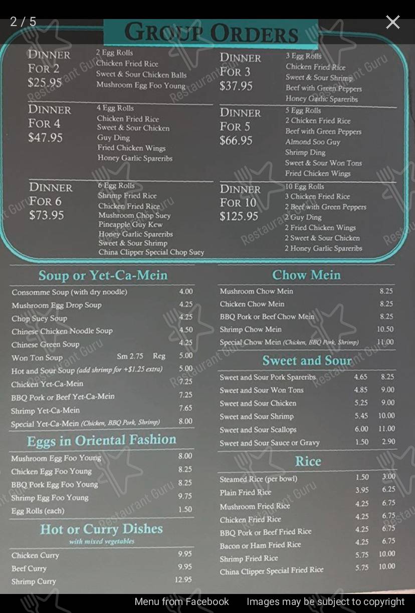Menu au China Clipper Restaurant, Kapuskasing