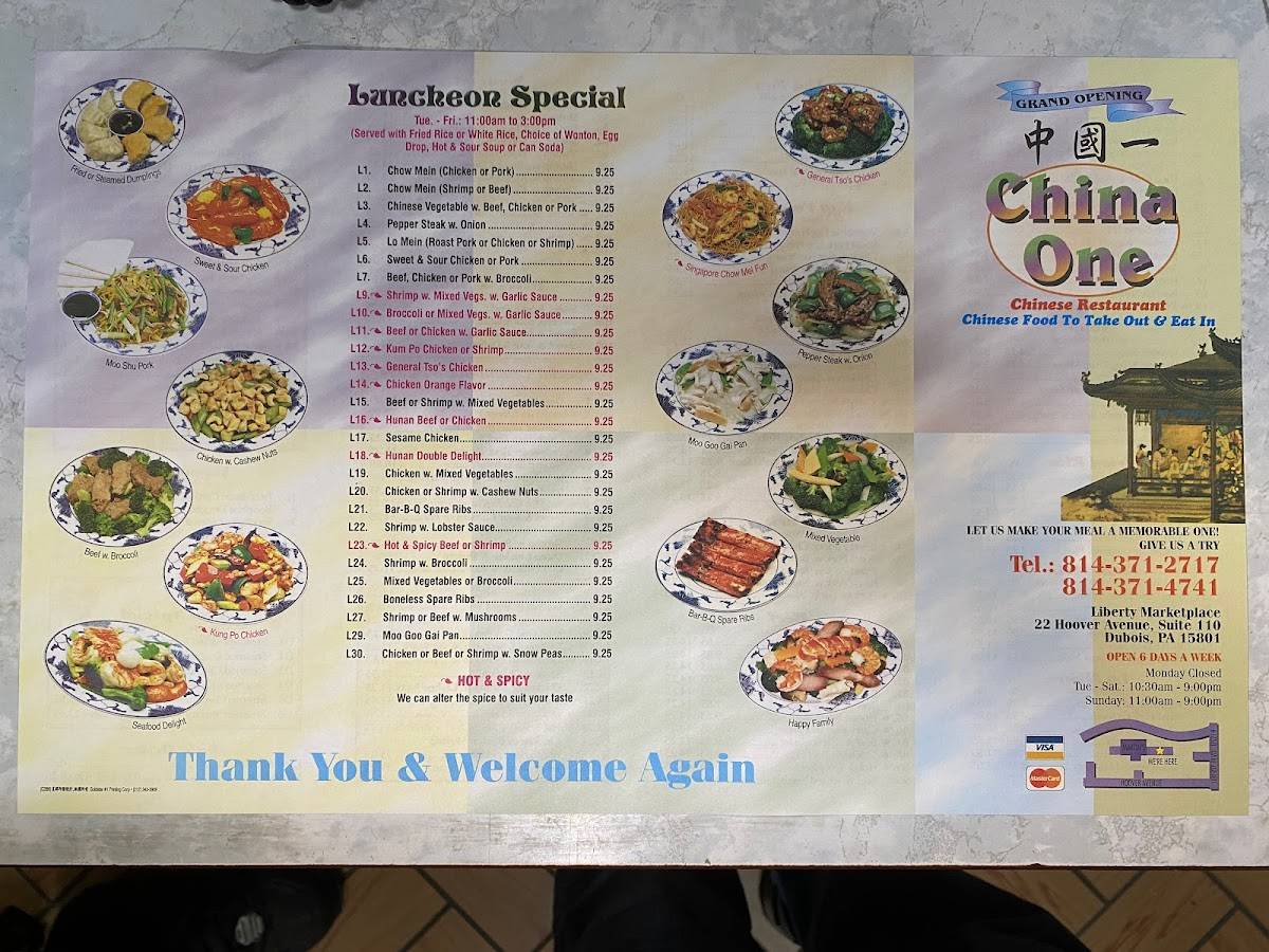Menu at China One restaurant, DuBois