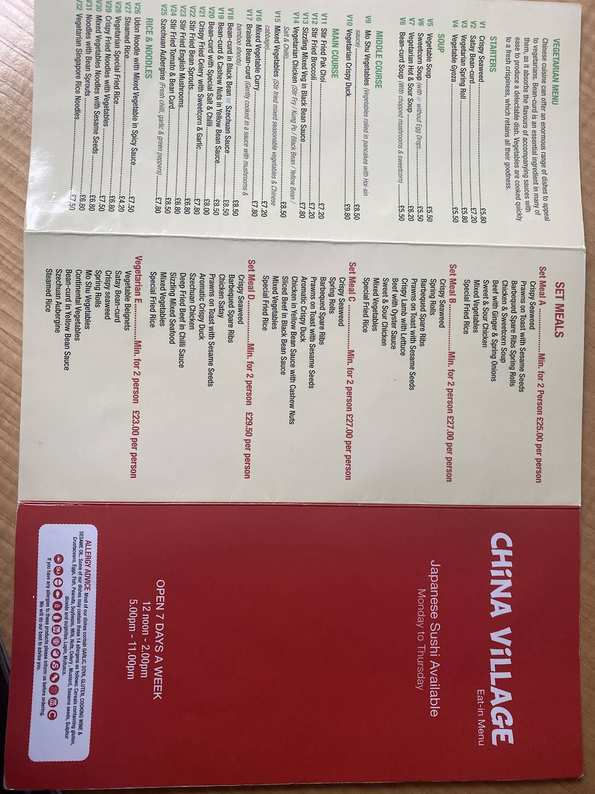 Menu at China Village restaurant, Faversham