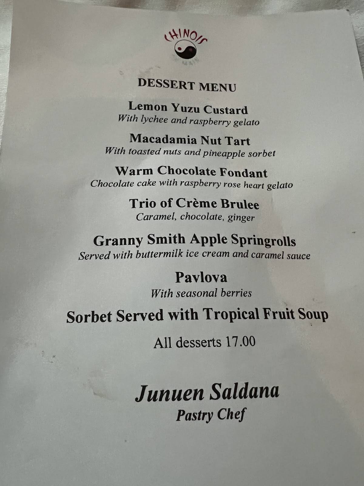 Menu at Chinois On Main restaurant, Santa Monica, Main St