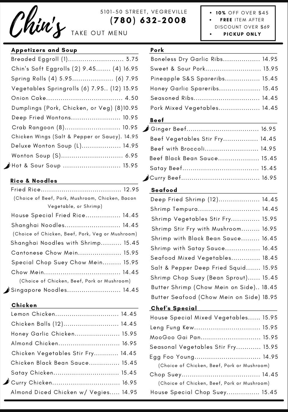 Menu at Chin’s cafe, Vegreville