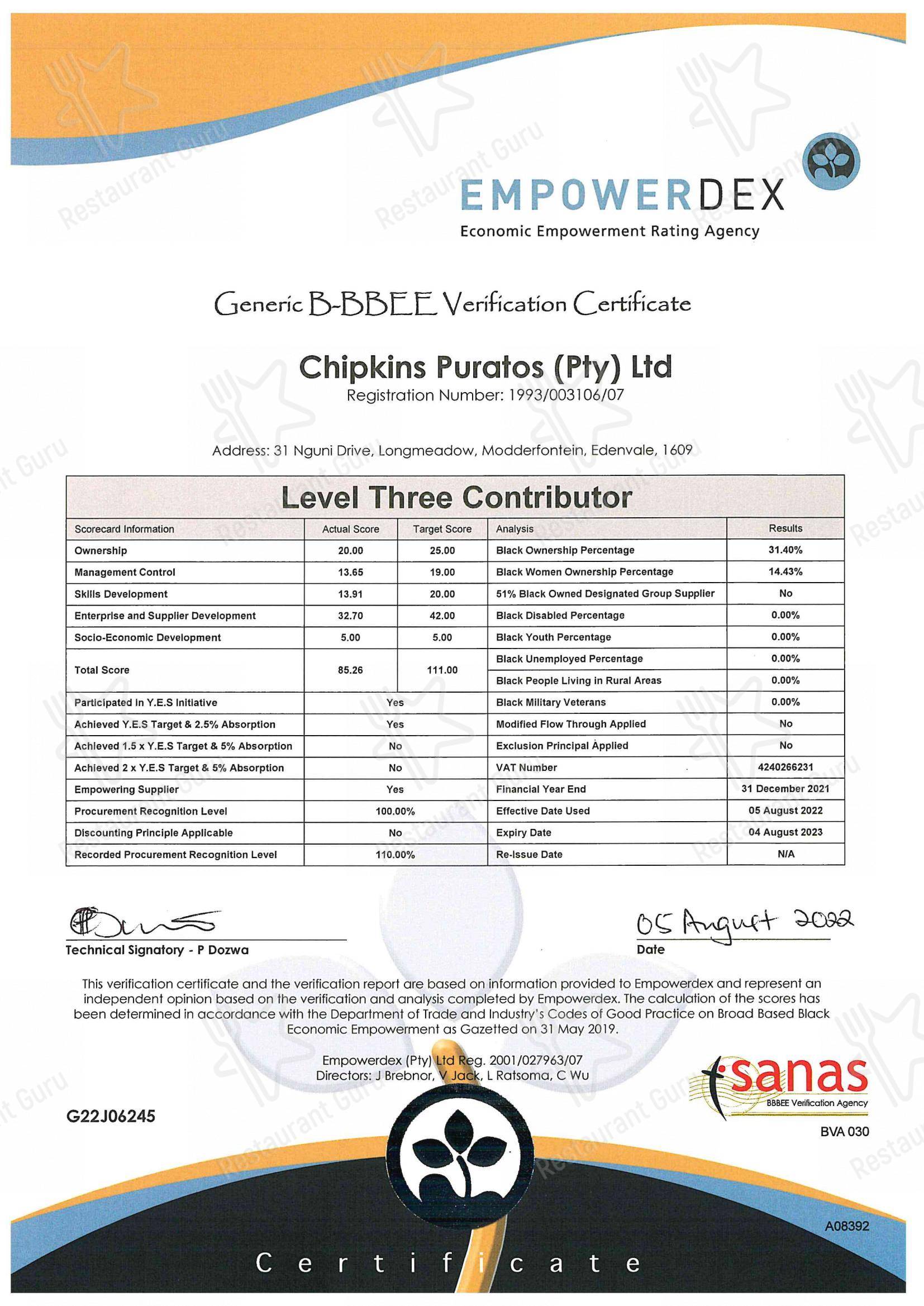 Menu at Chipkins Puratos (Pty) Ltd, Edenvale