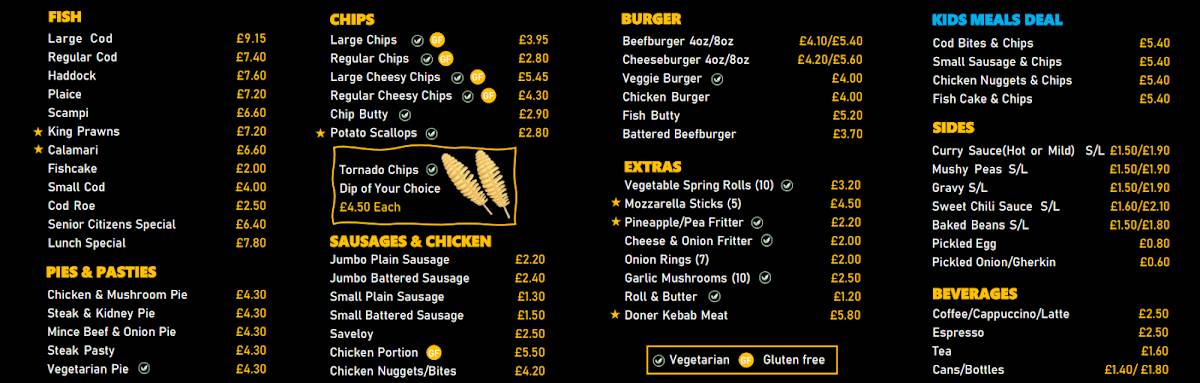 Menu at Chippies Plaice restaurant, Newton Abbot