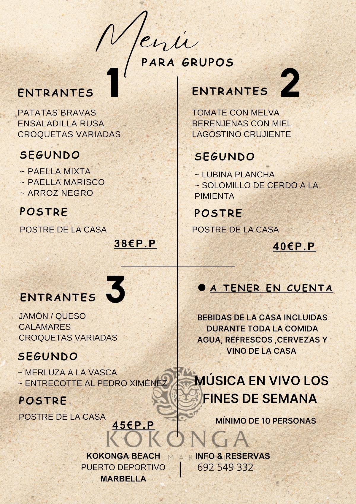 Carta del restaurante Chiringuito Kokonga Beach, Marbella