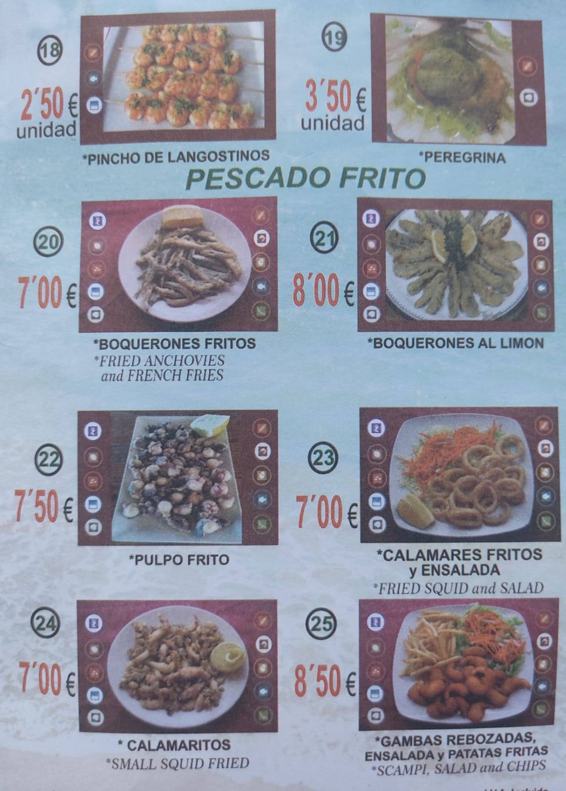 Carta de Chiringuito Las Barcas, Torremolinos