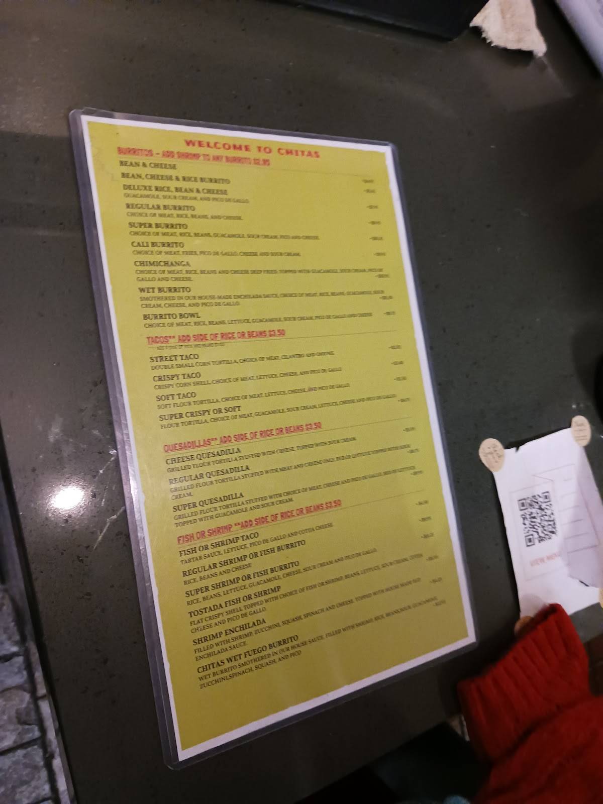 Menu at Chita's Taqueria restaurant, Sacramento