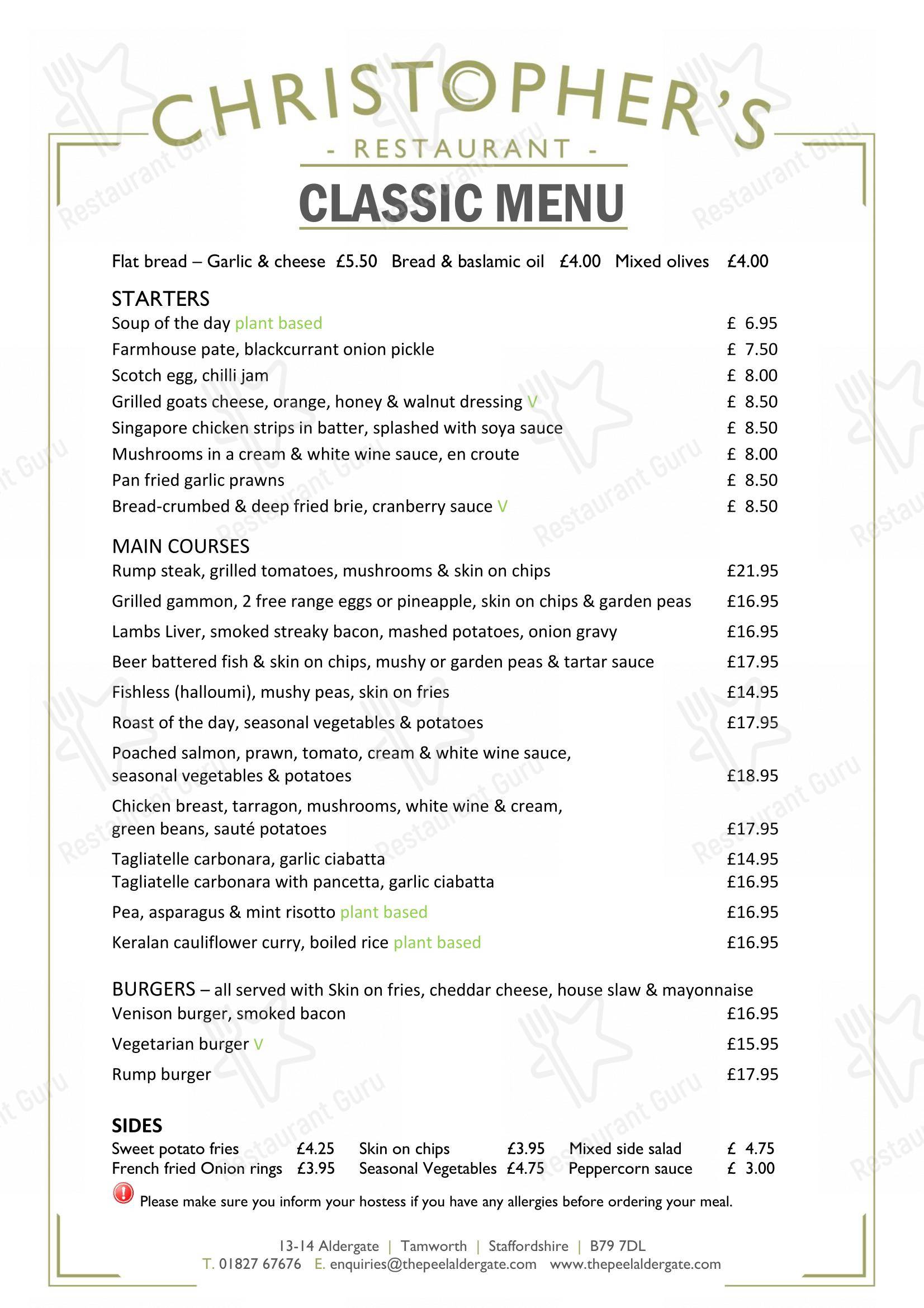 Menu at Christopher's British Bistro - Restaurant, Tamworth