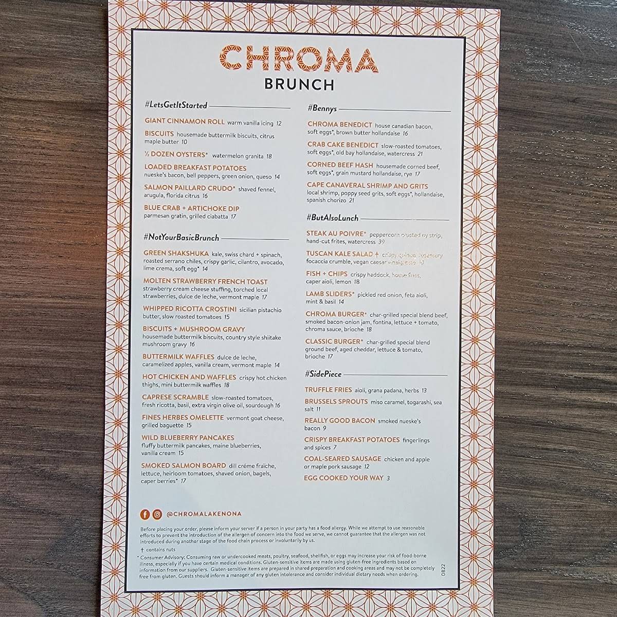 Menu at Chroma Modern Bar + Kitchen, Orlando, Lake Nona Blvd