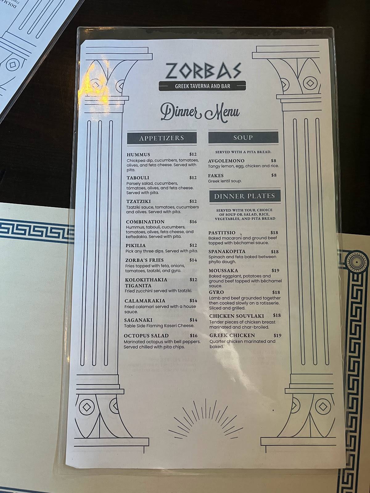 Menu at Zorbas Greek Restaurant & Taverna, Chula Vista