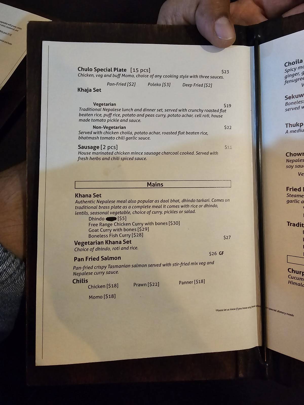Menu at Chulo Nepalese Perth restaurant, Bedford