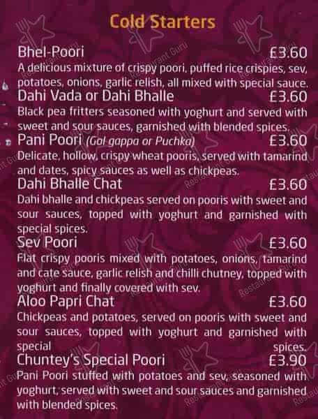 Menu at Chutneys restaurant, London, 124 Drummond St