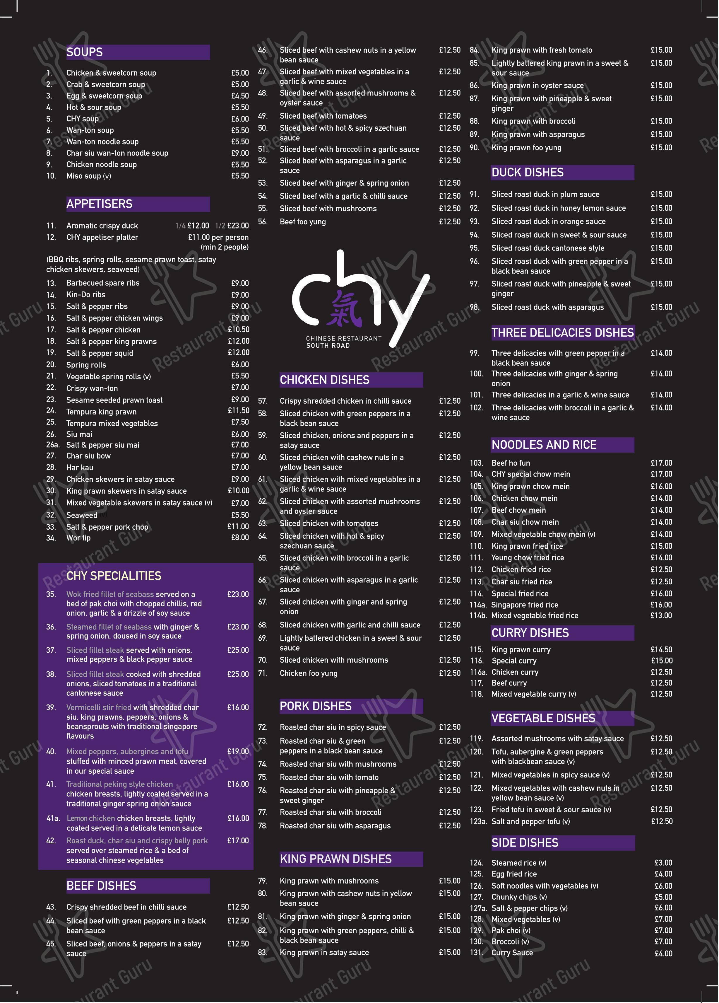 Menu at Chy South Road restaurant, Liverpool