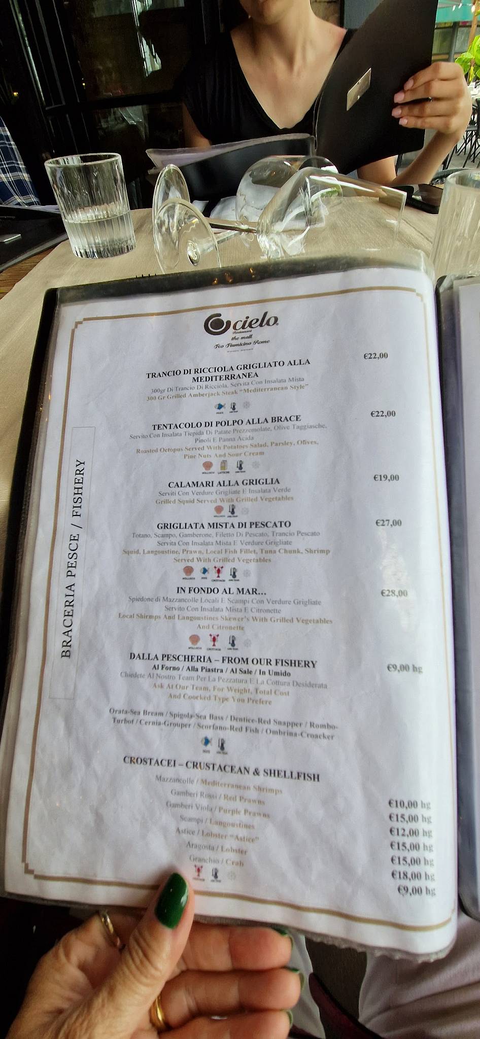 Menu da Cielo ristorante, Fiumicino