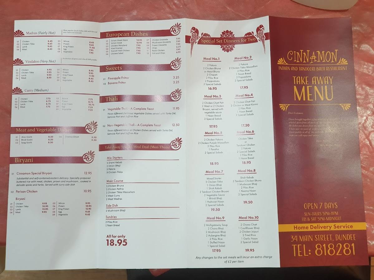 Menu at Cinnamon Indian Restaurant, Dundee