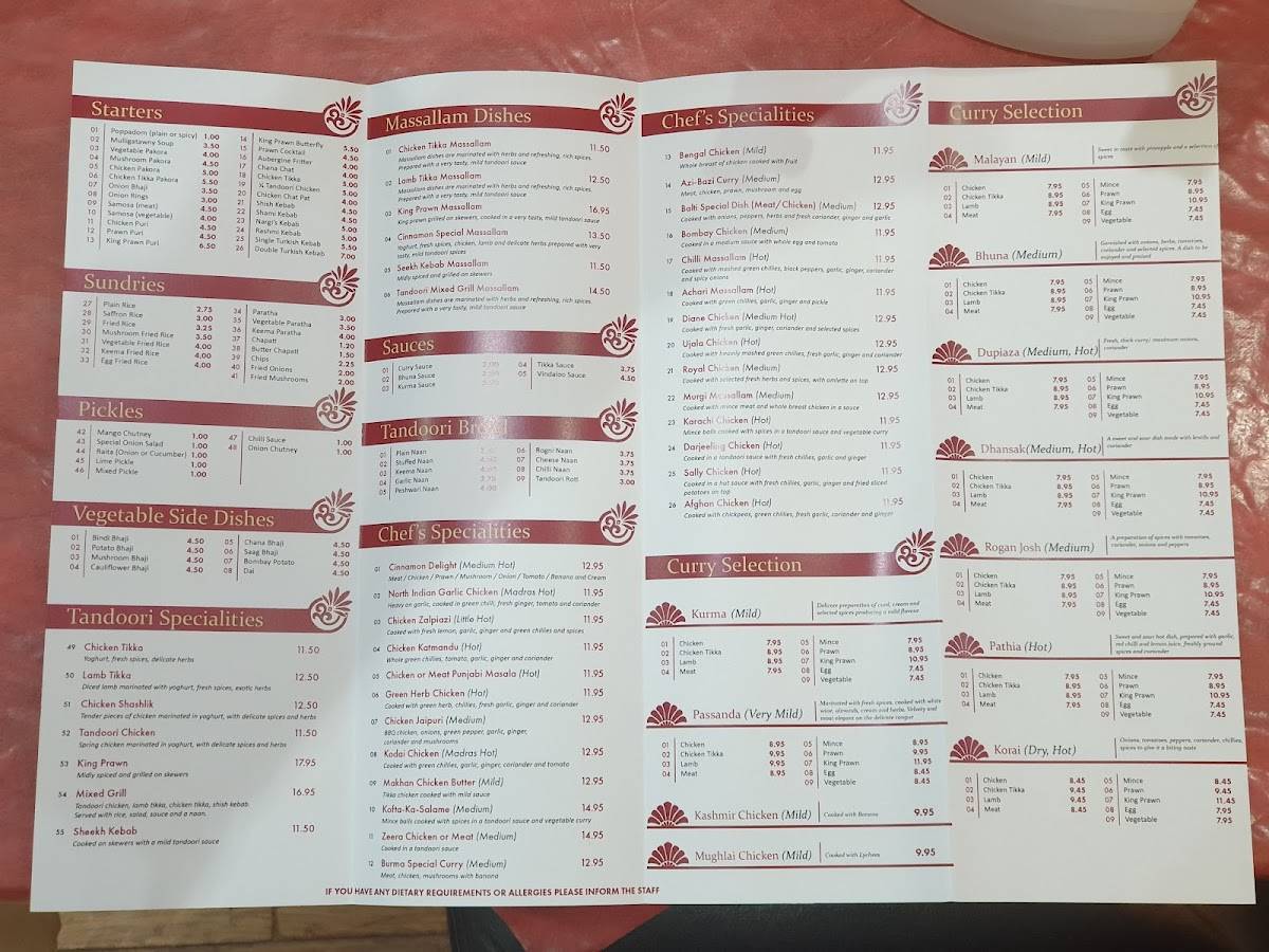 Menu at Cinnamon Indian Restaurant, Dundee