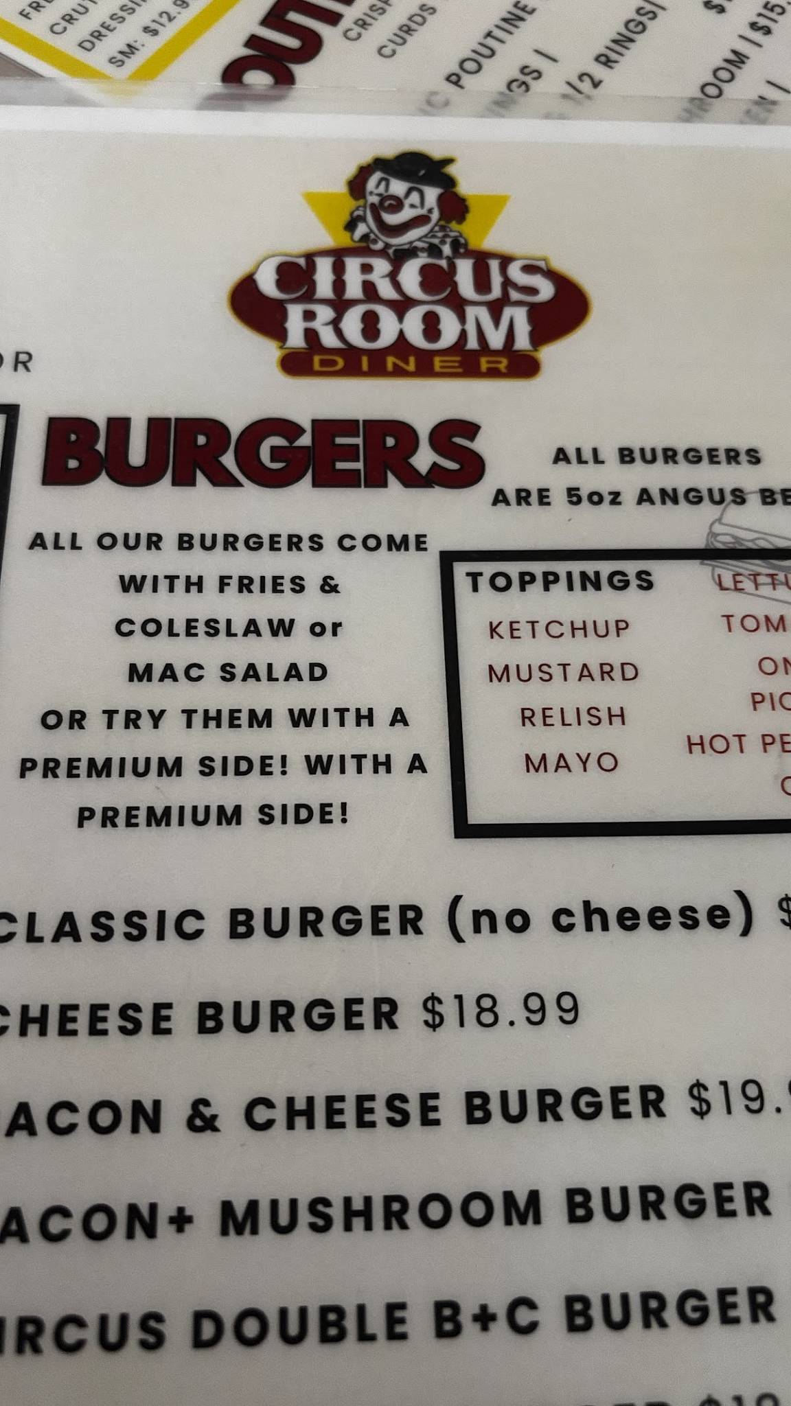 Menu at Circus Room Diner pub & bar, Canada