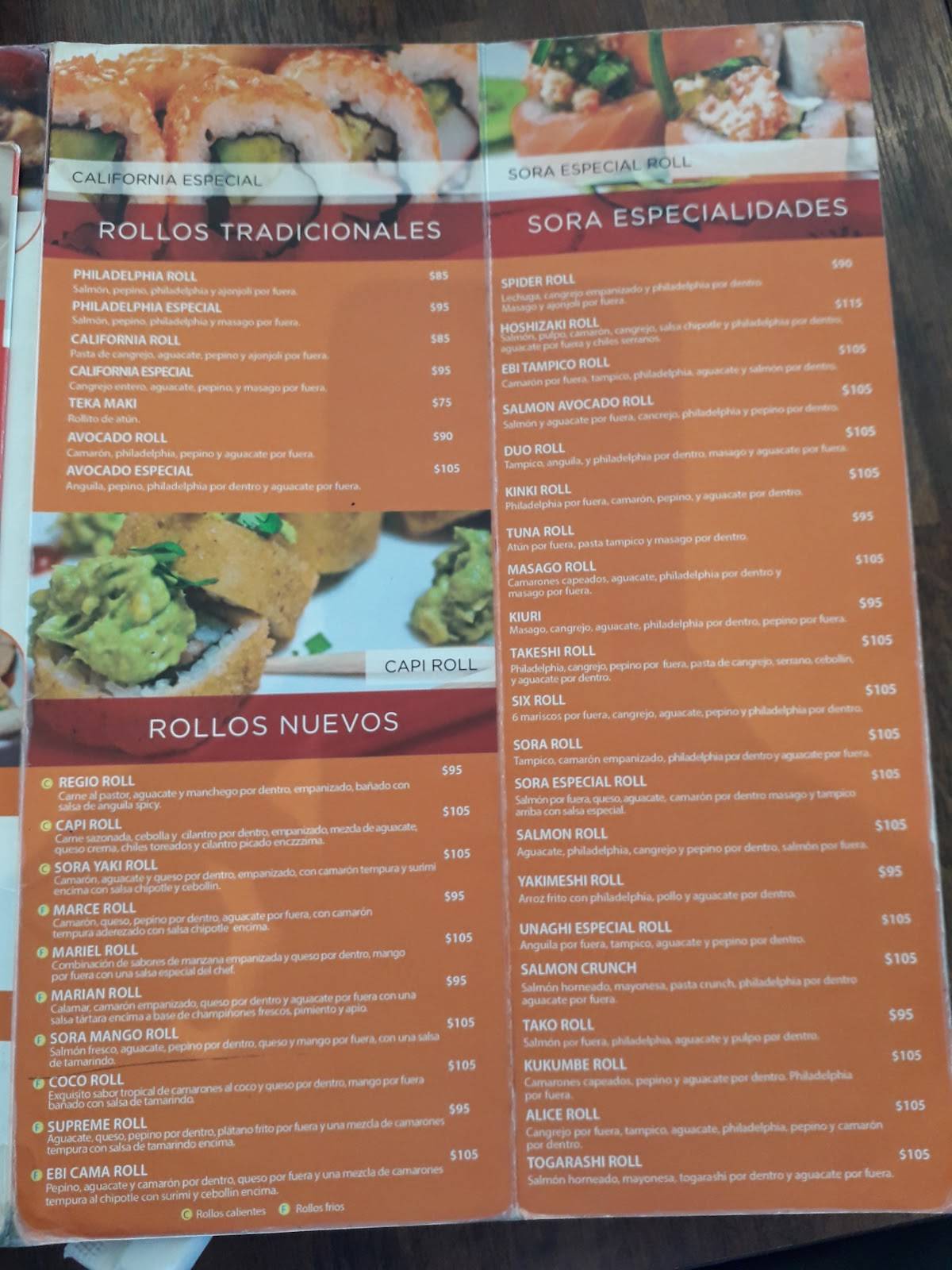 Carta del restaurante Sora, Ciudad Victoria, Zacatecas